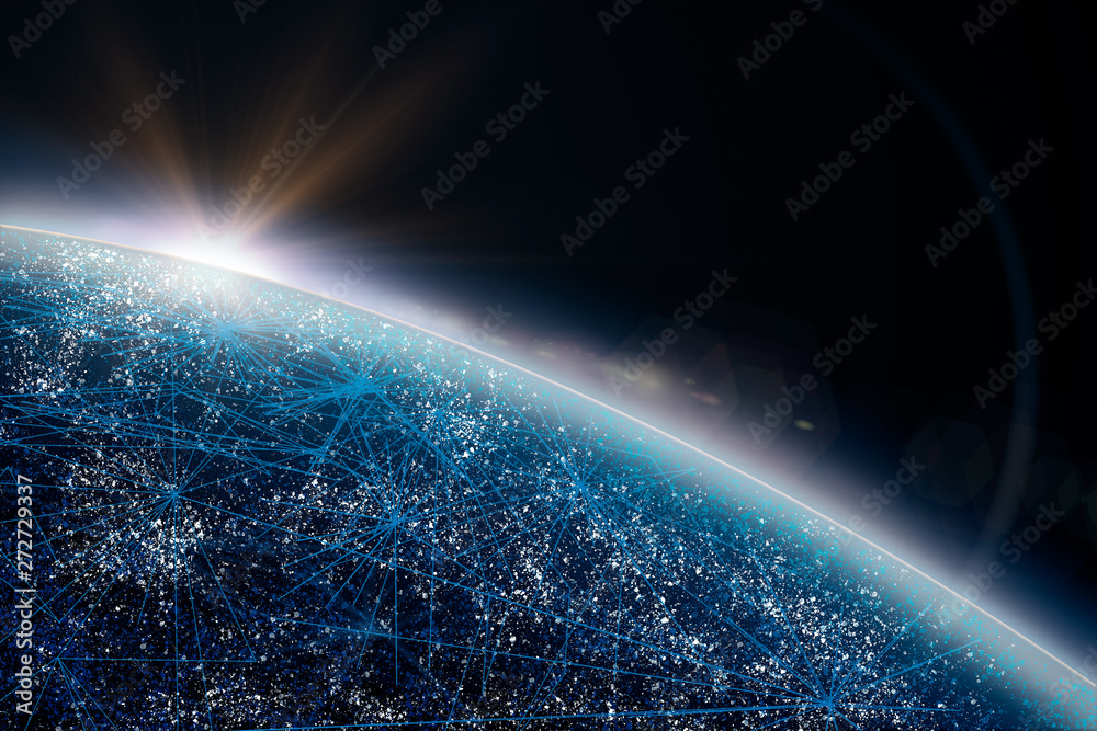 3D illustration. Lines connecting the earth seen from outer space with ...