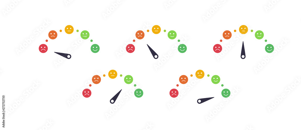 Vector mood feedback meter set with arrow selection. Color determine an ...
