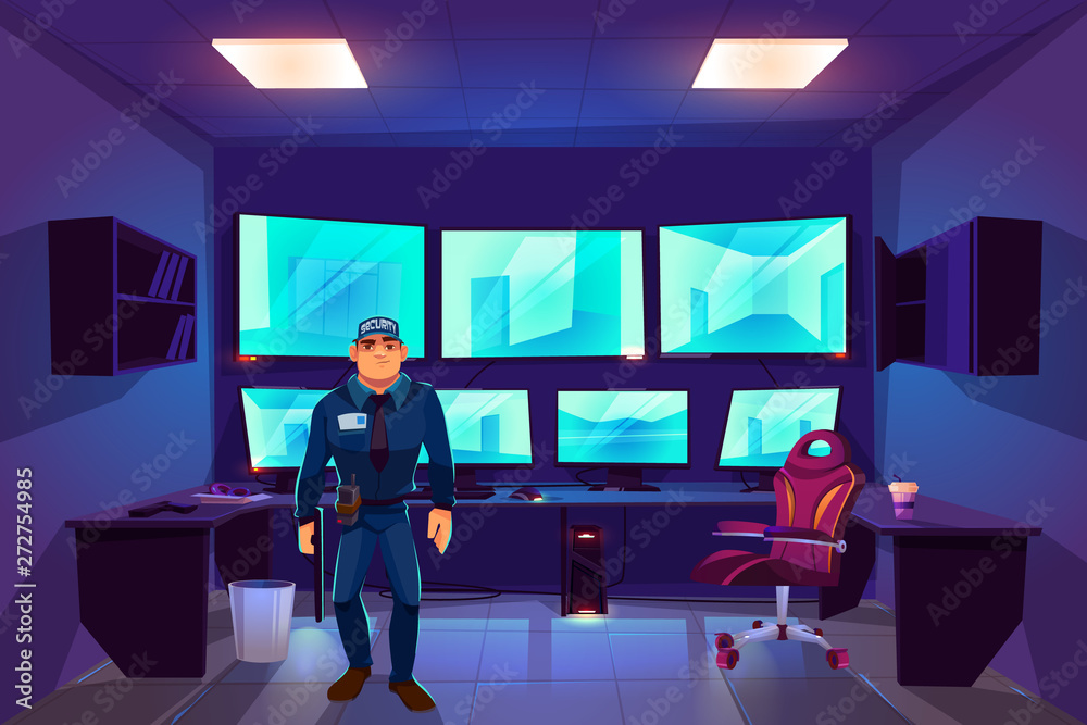 Security guard in control cctv room with multiple monitors displaying ...
