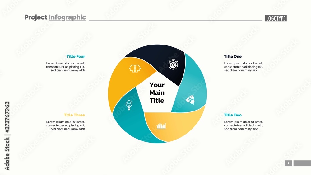 Five circle elements process chart slide template. Business data. Plan, point, design. Creative ...