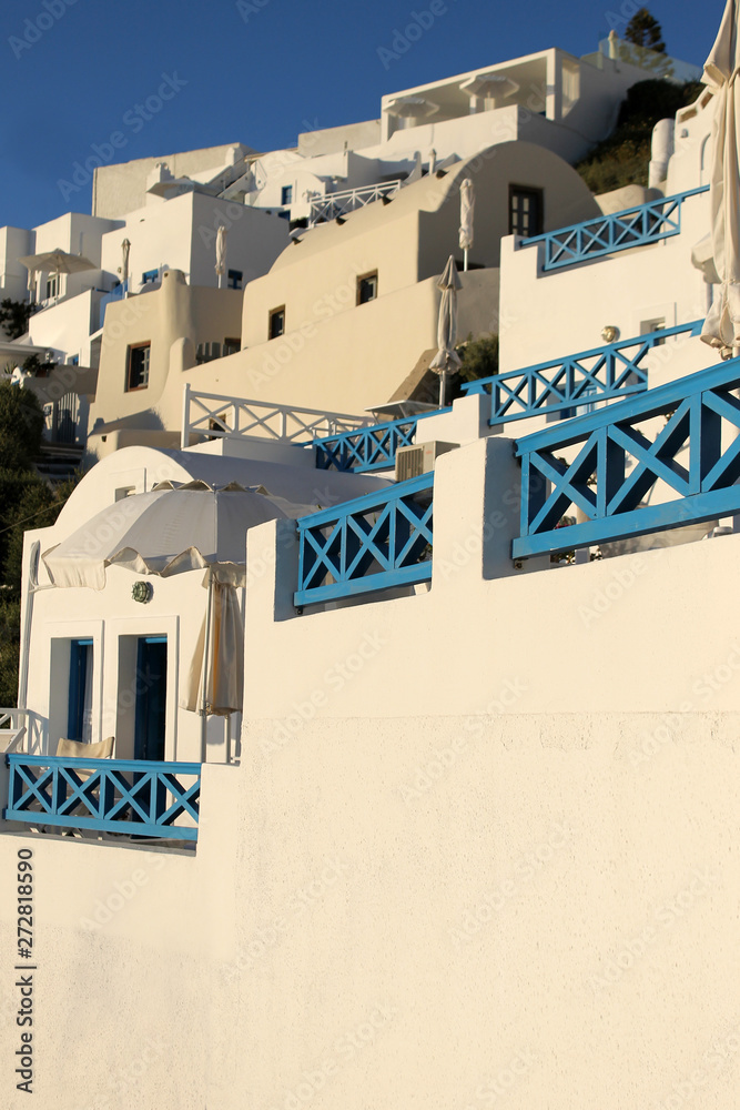Santorini oia fira caldera street view. White traditional greek houses ...