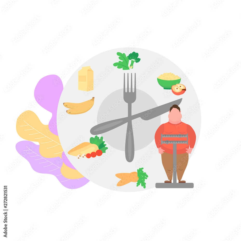 Fat obese man on scales and doctor showing obesity deseases. Flat tiny ...