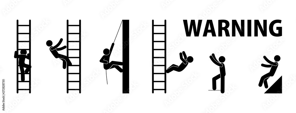 falling from a ladder, warning sign, character set stick figure man ...