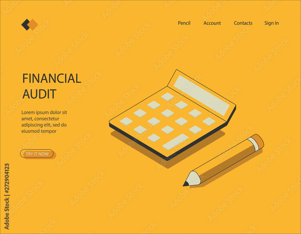 Isometric image on yellow background of financial audit instruments ...