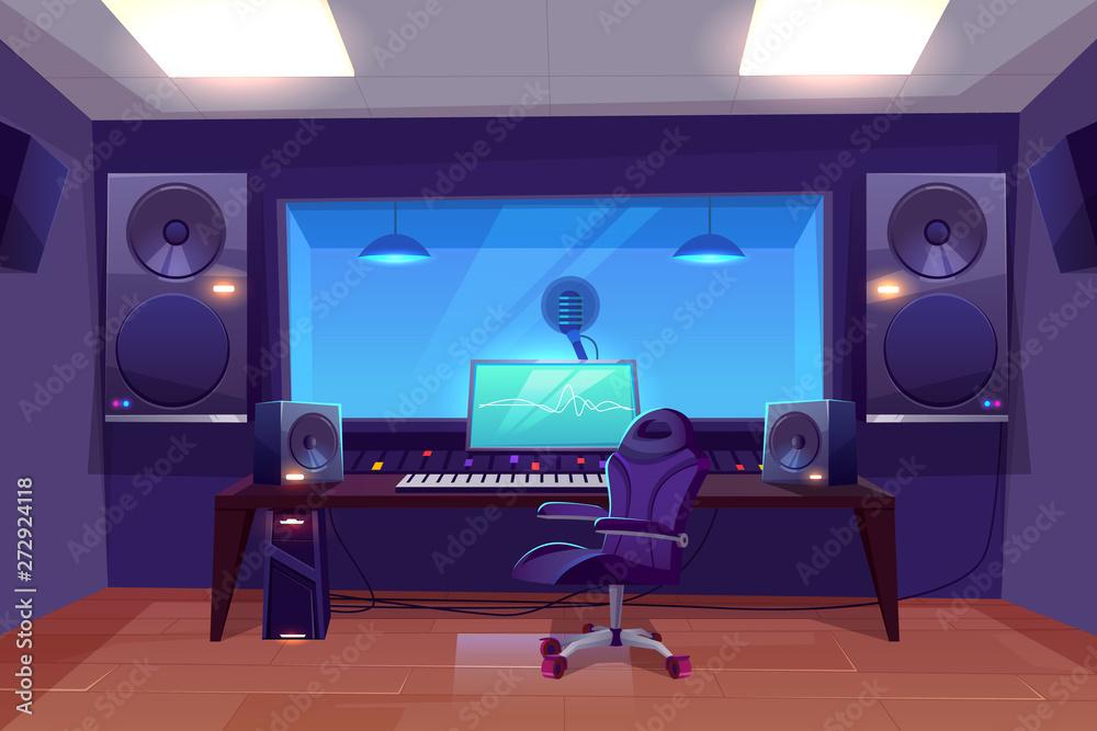 Record producer or audio engineer workplace, recording studio control ...