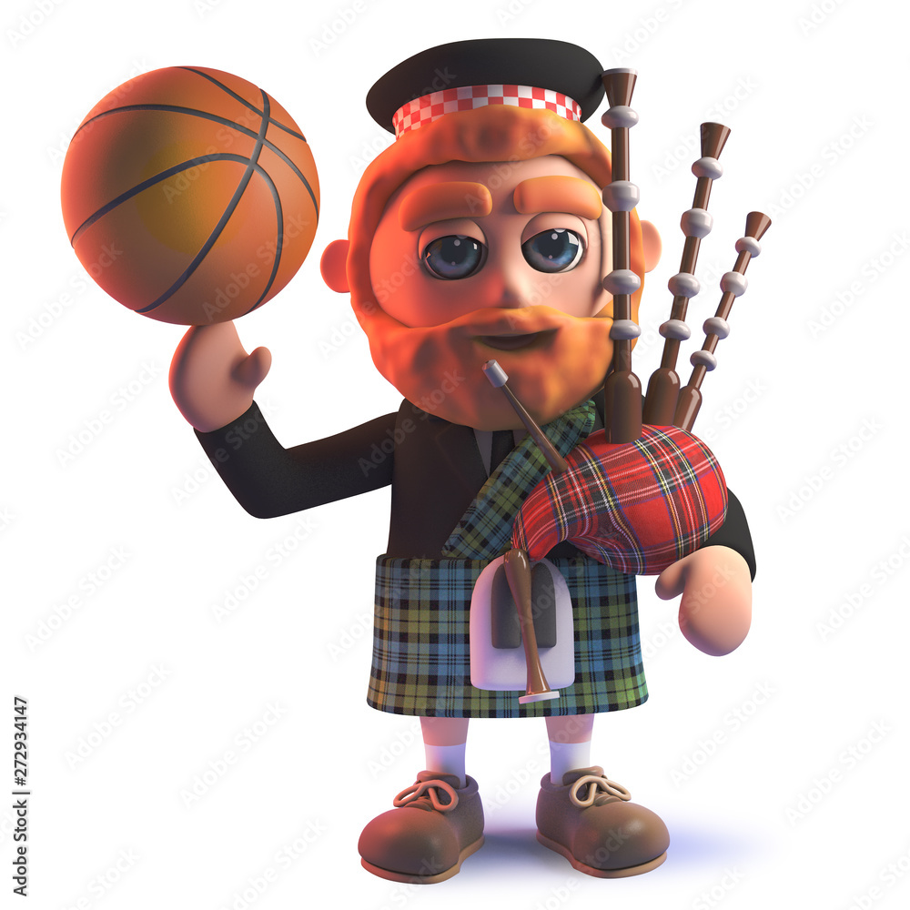 Cartoon 3d Scots man wearing kilt and balancing a basketball on his ...