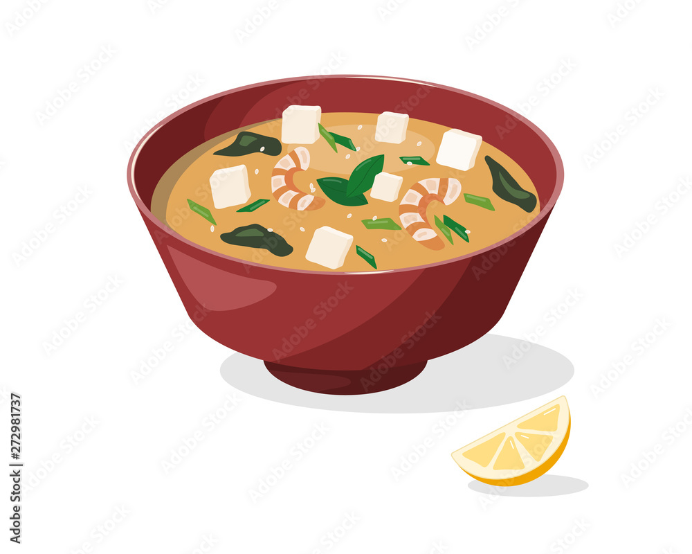 Delicious miso soup in red bowl. Traditional Japanese dish. Flat vector ...