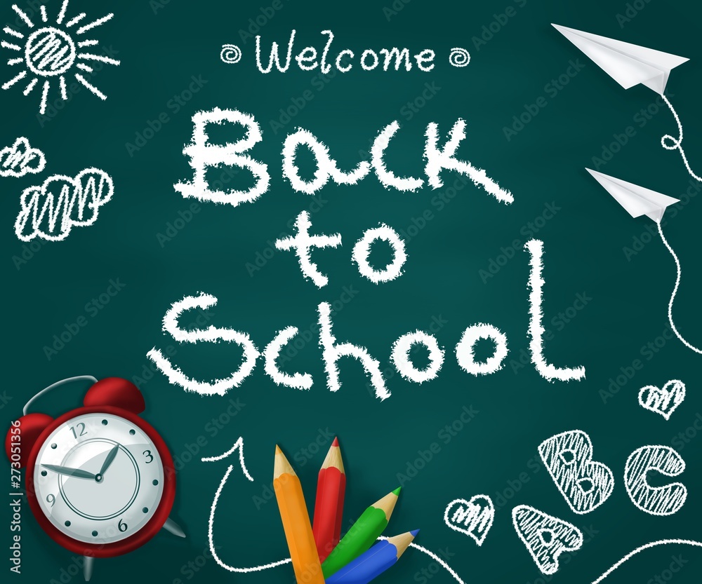 Ilustración de Stock Welcome back to school in a chalkboard with ...