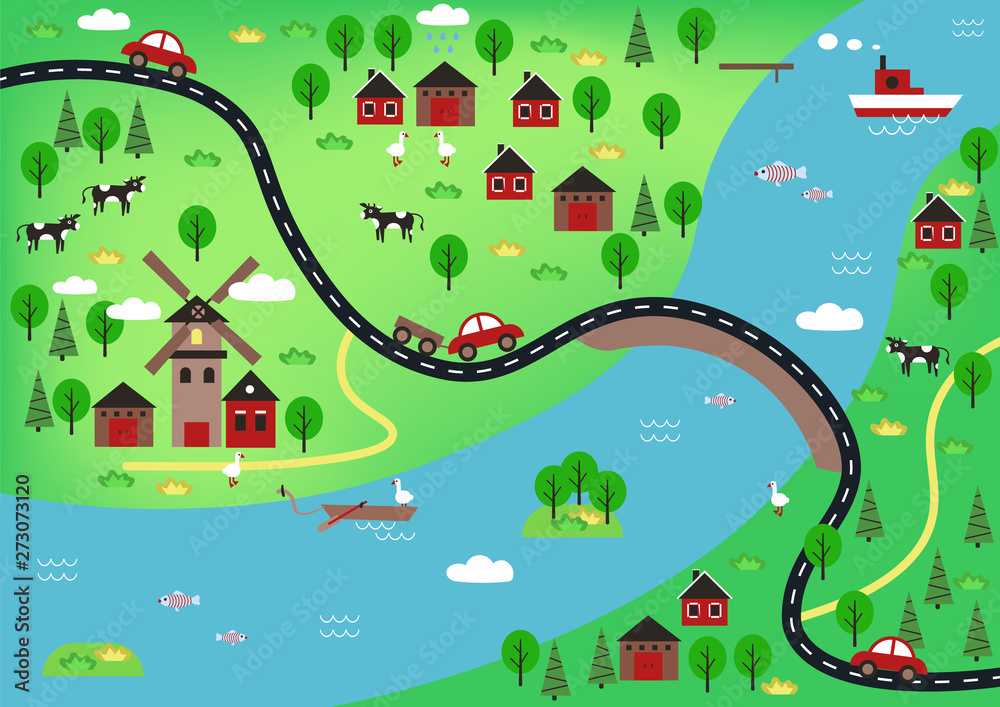 Top view or bird's-eye view or village plan with buildings, mill ...