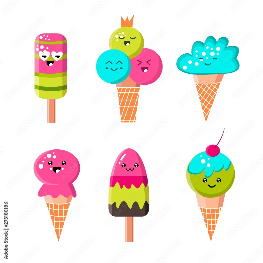 Kawaii ice cream characters set. Cute cartoons Stock Vector | Adobe Stock