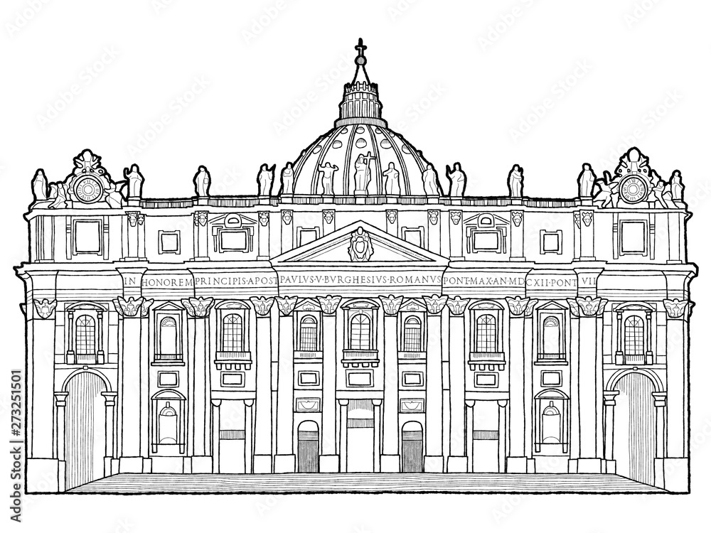 St. Peter's Basilica, Vatican City, Italy: Vector Illustration Hand ...