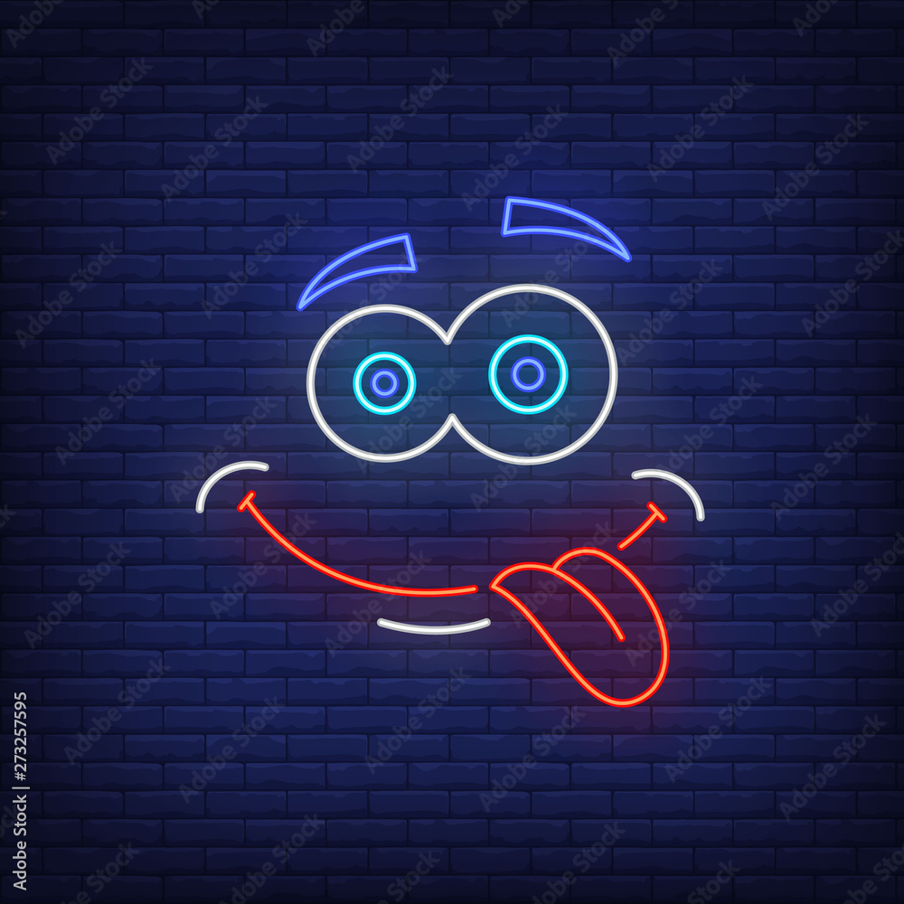 Vektor Playful emoticon showing tongue neon sign. Face expression, joy ...