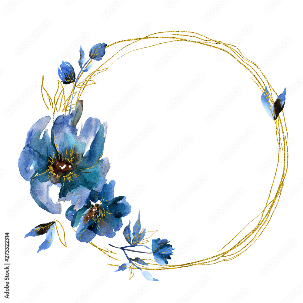 Watercolor floral wreath with blue flowers and golden leaf Stock ...