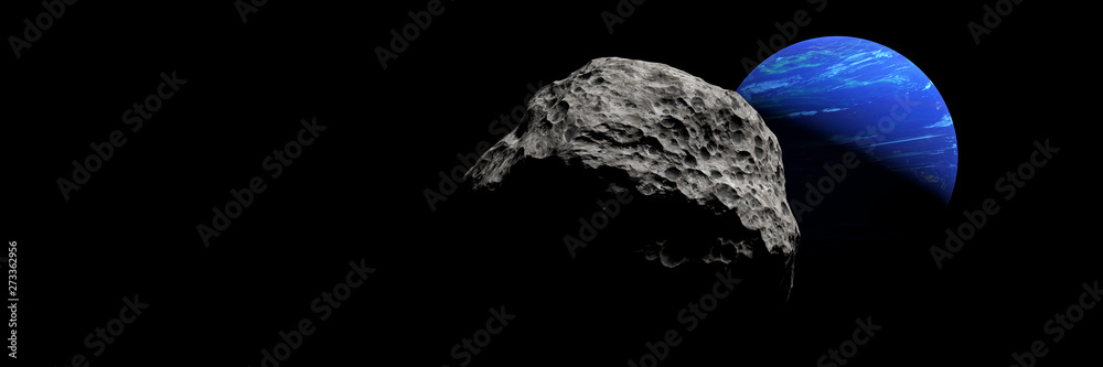 planet Neptune with one of its moons (3d space rendering banner ...
