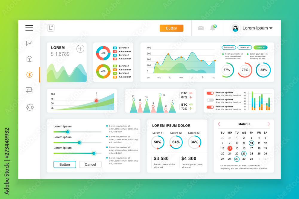 Dashboard admin panel vector design template with infographic elements ...