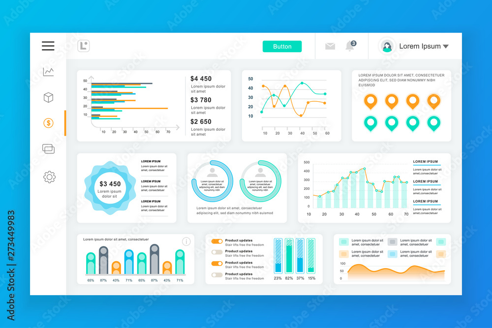 Dashboard admin panel vector design template with infographic elements ...