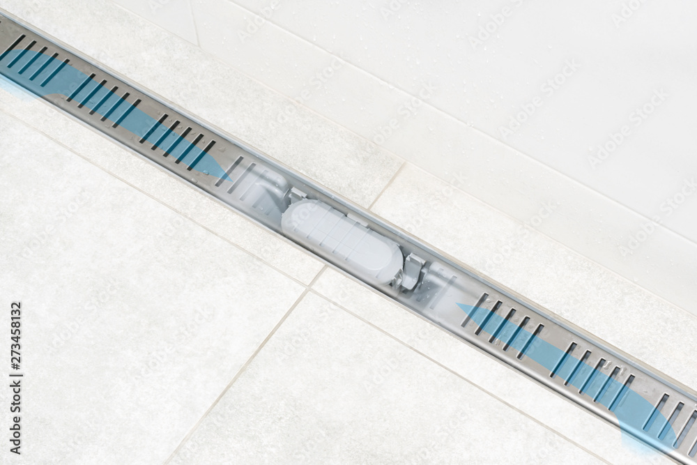 Illustration how linear shower drain works. How water moves and ...