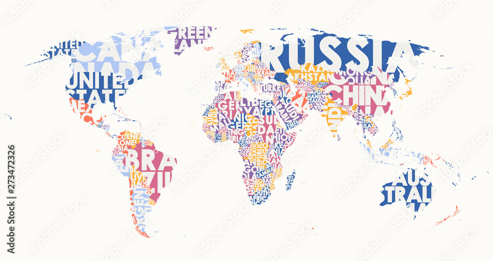 World map text composition, name of countries in color territories ...