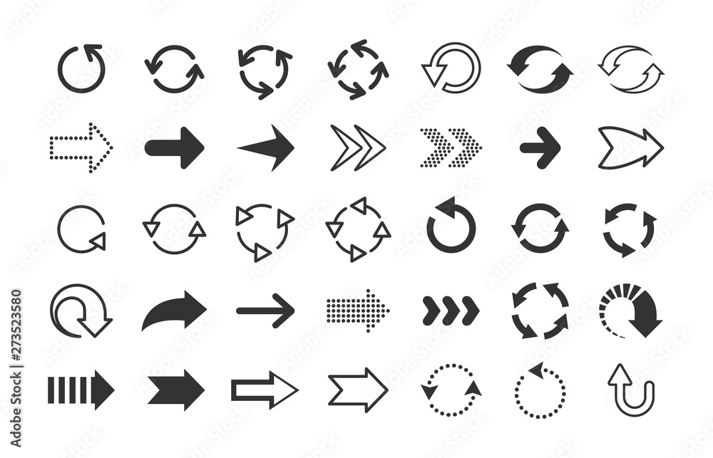 Black arrows. Circle and line direction symbols, flat pointers cursors and next page signs ...