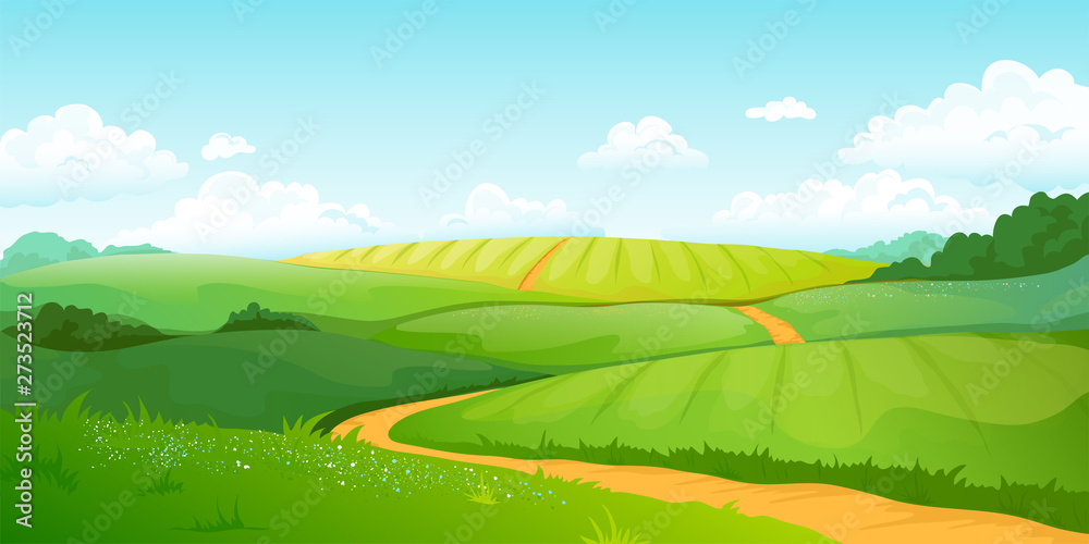 Summer fields landscape. Cartoon countryside valley with green hills ...