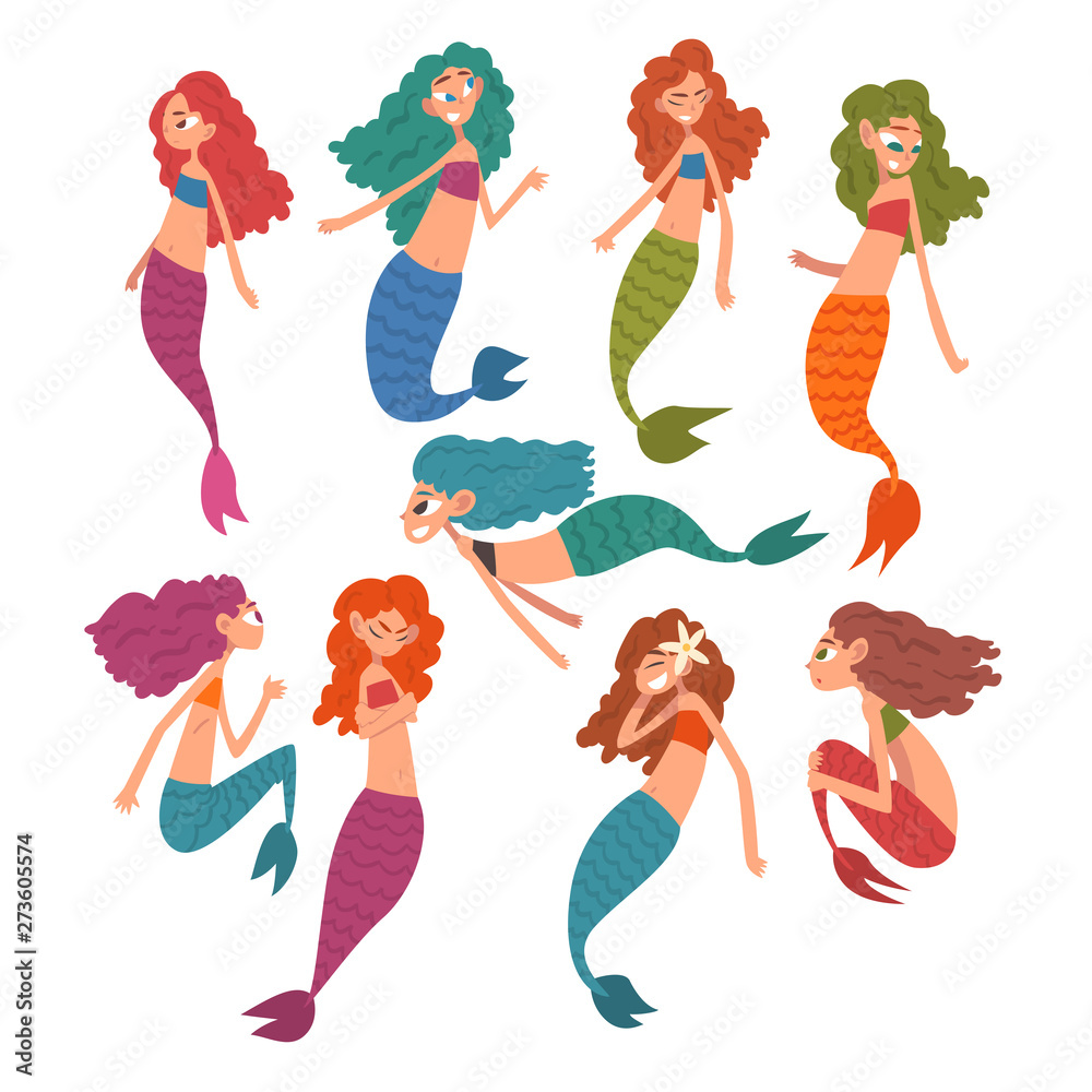 Vector de Stock Collection of Cute Little Mermaids, Fairytale Mythical Creatures Cartoon ...