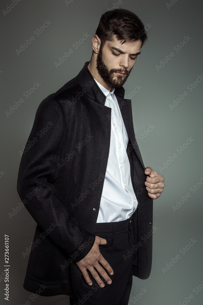 Muscle strong bearded face beautiful stripped male model in formal look ...