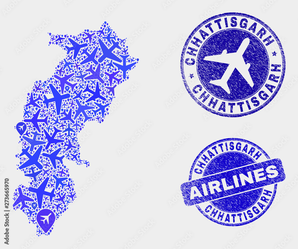 Aviation vector Chhattisgarh State map collage and grunge watermarks ...