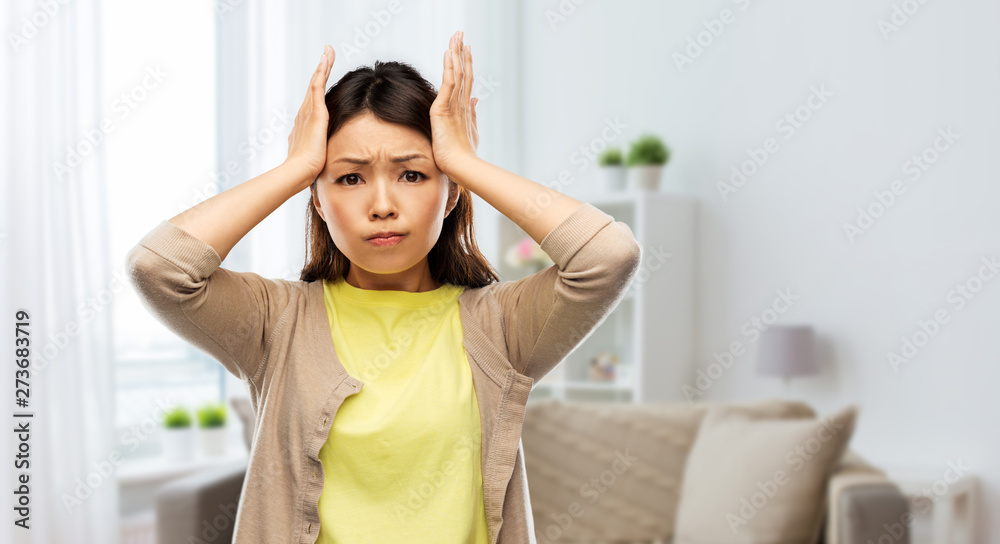 people, stress and despair concept - stressed asian woman holding to ...