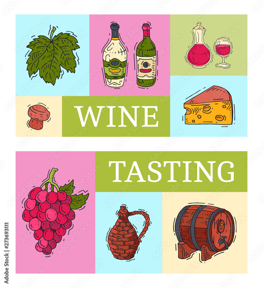 Wine taste club banner vector illustrations glass wine grape bottle ...