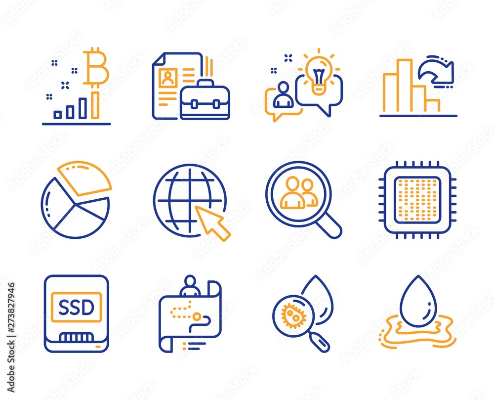 Vector de Stock Water analysis, Search employees and Pie chart icons simple set. Cpu processor ...