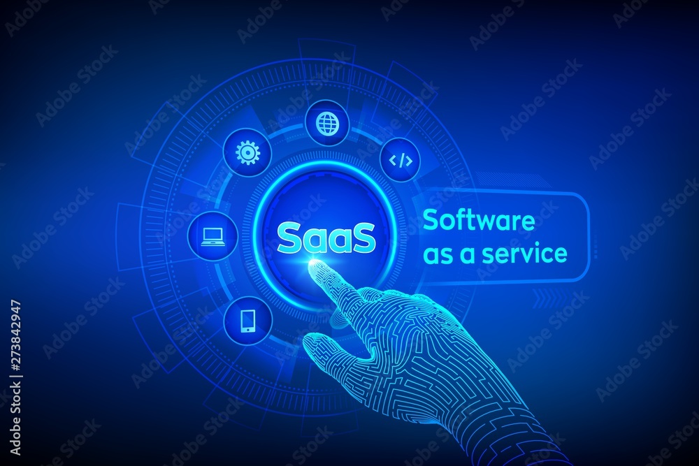 SaaS. Software as a service. Internet and technology concept on virtual screen. Development ...