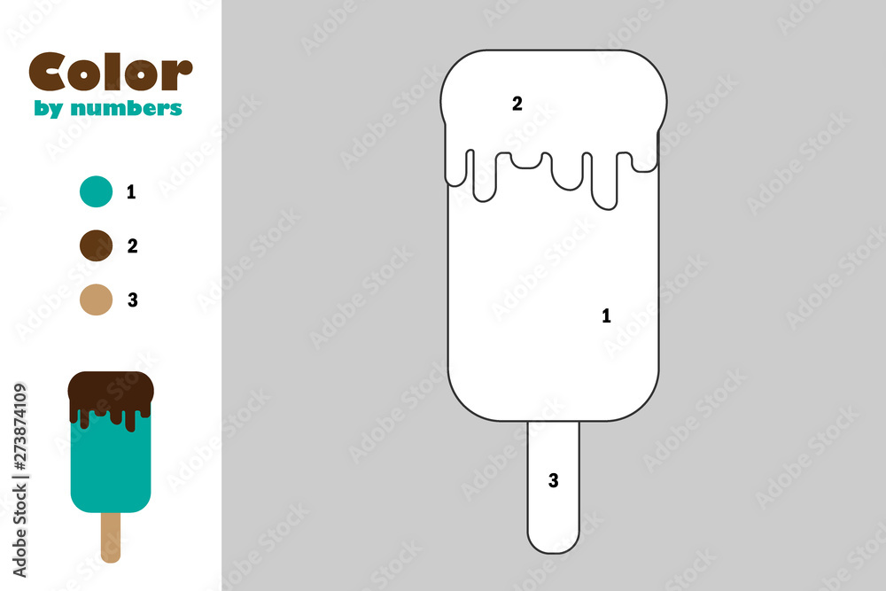 Ice cream in cartoon style, color by number, education paper game for ...