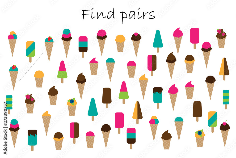 Find pairs of identical pictures, fun education game with summer ice ...