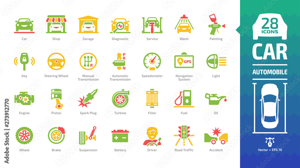 Car color icon set with basic automotive symbols: automobile, auto ...