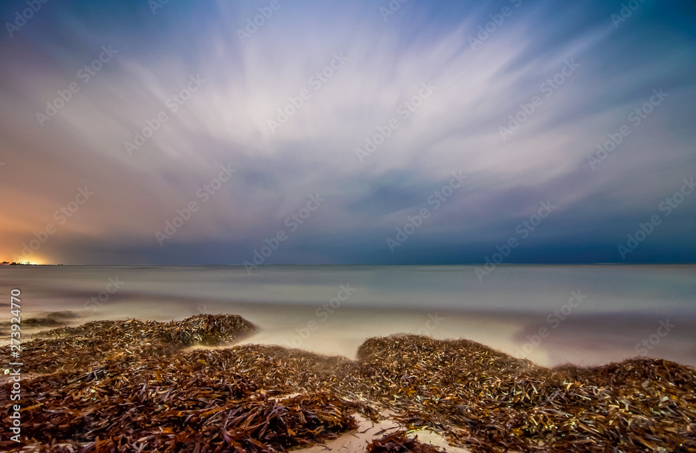 Caribbean beach at night in Mahahual, Mexico, Yucatan peninsula ...