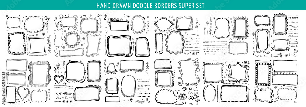 Hand drawn line, border, frame vector design element set. Template for ...