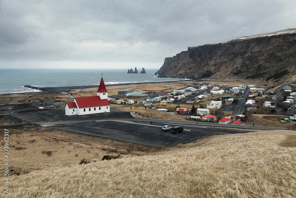 Beautiful scenery of the Vik city (Vik i Myrdal) the southernmost ...