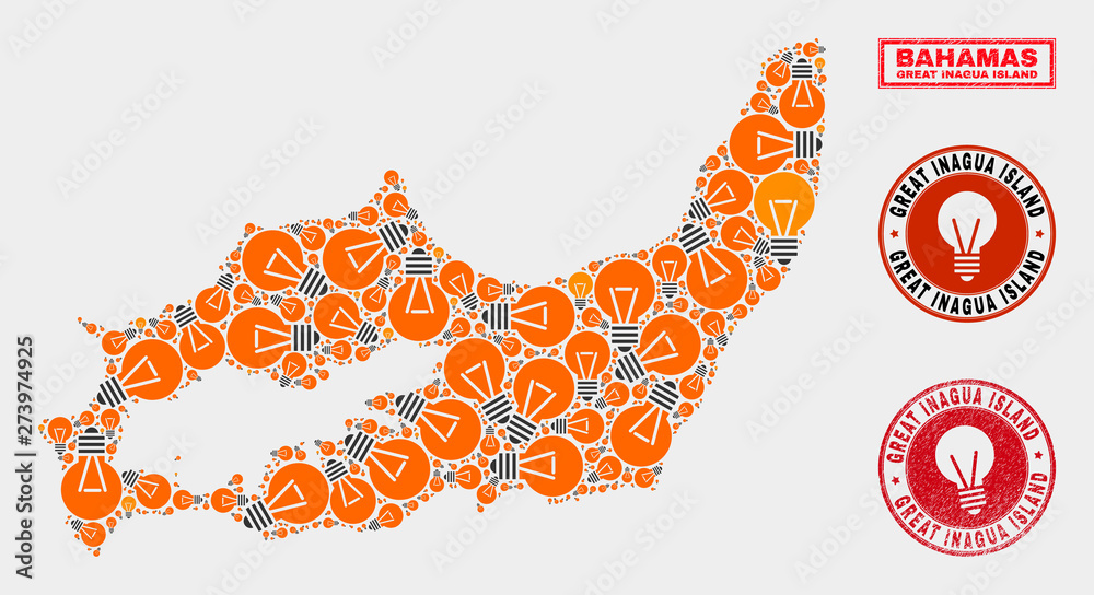 Light bulb mosaic Great Inagua Island map and rubber round stamps ...