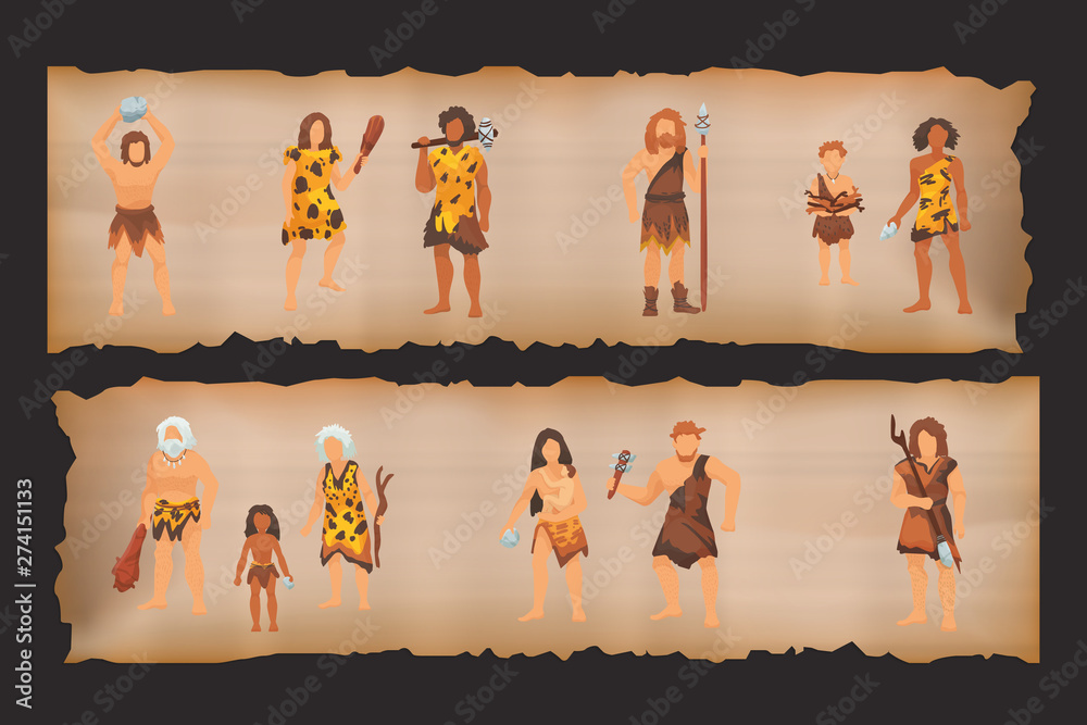 Stone age primitive people tribes in stone caves near fire place ...