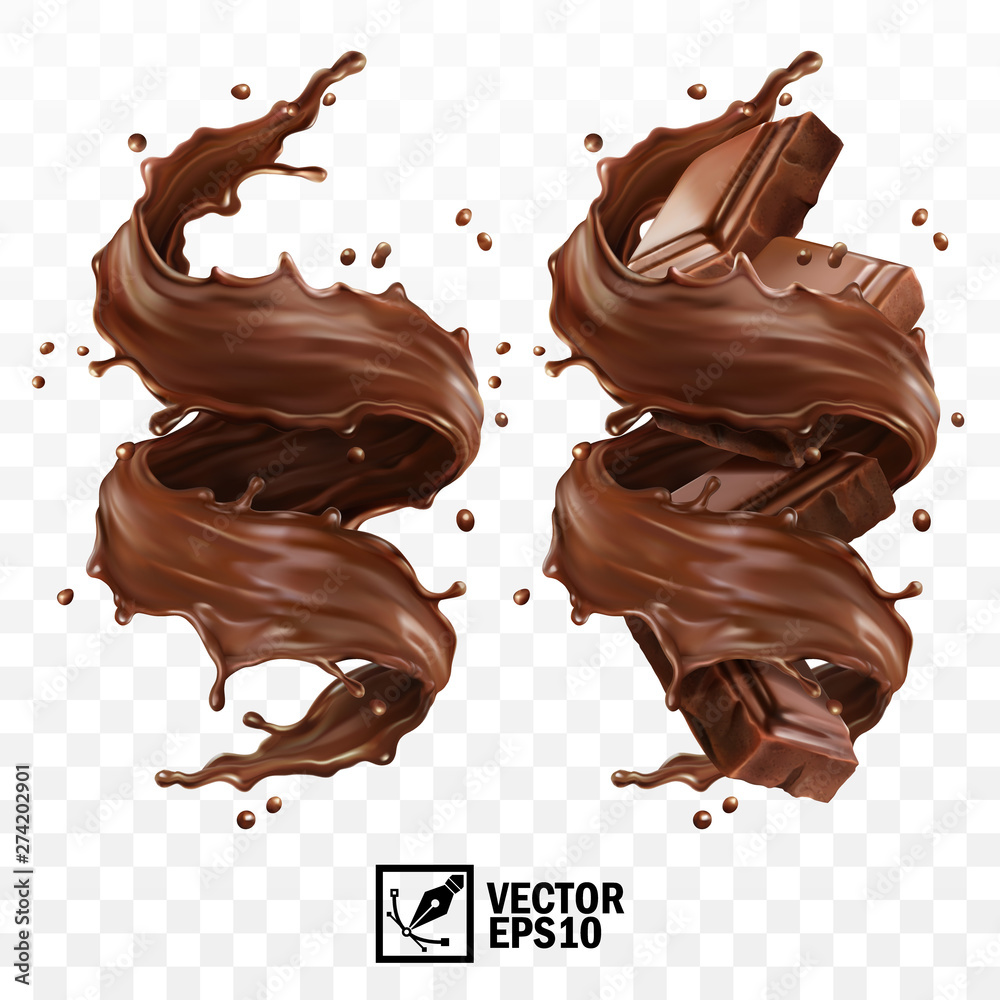 3D realistic vector set, vertical splash of chocolate, cocoa or coffee ...