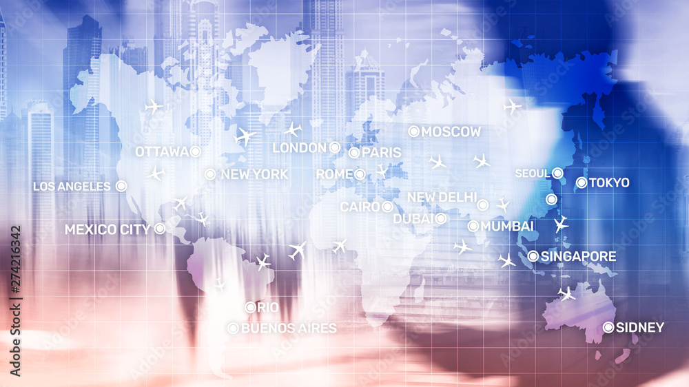 Aviation wallpaper with planes over the map with major city names ...