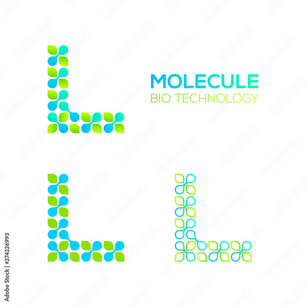Letter L Logotype with Green Leave and Dots cross, Molecular cell ...