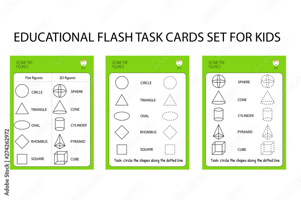 Flat and three-dimensional geometric shapes. Educational flash cards ...