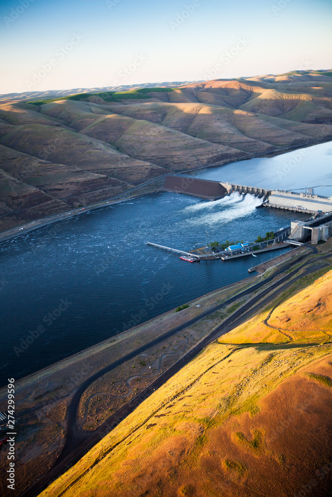 Aerial photo of the Little Goose Lock and Dam on the huge Snake River ...