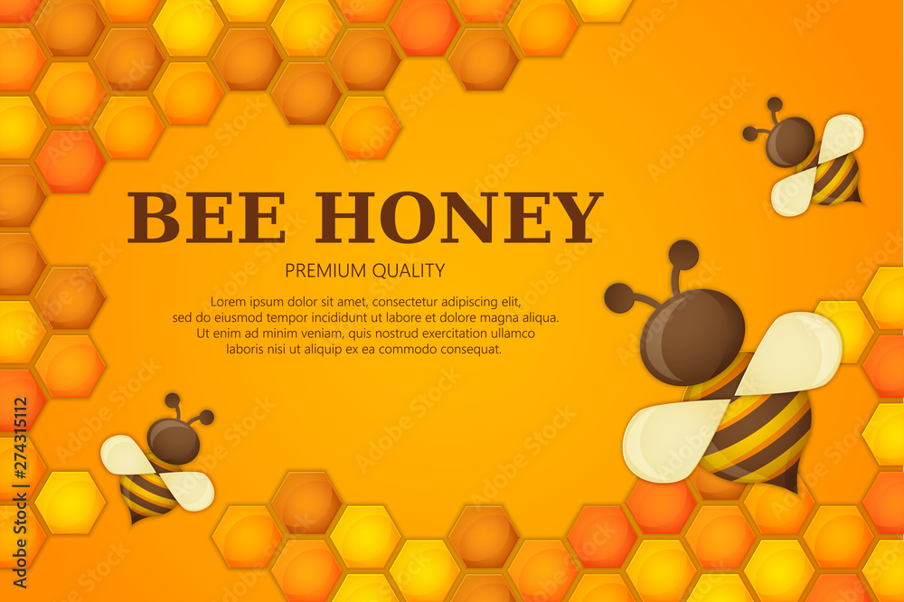Honey label premium quality title. Paper cut style bee with honeycombs ...