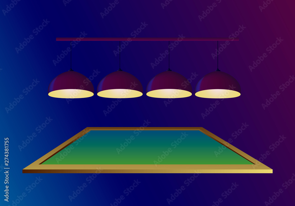 Pool billiard table with four illuminating ceiling lamps on dark blue ...