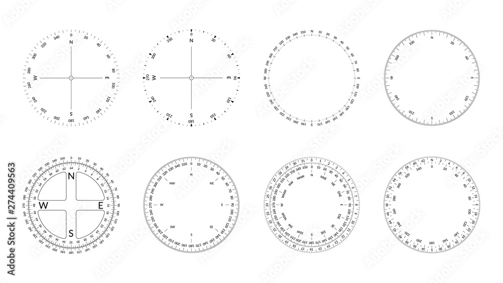 Circular protractor with dial and wind directions. Editable stroke ...
