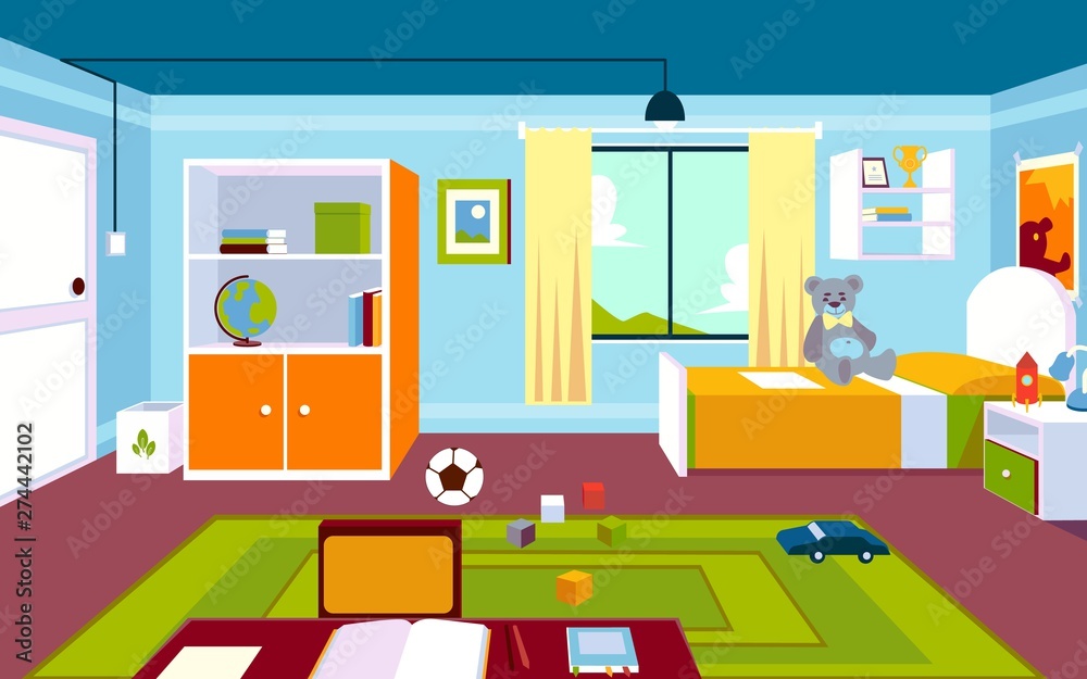 Interior of the kids room in the home in a cartoon style. Stock Vector ...