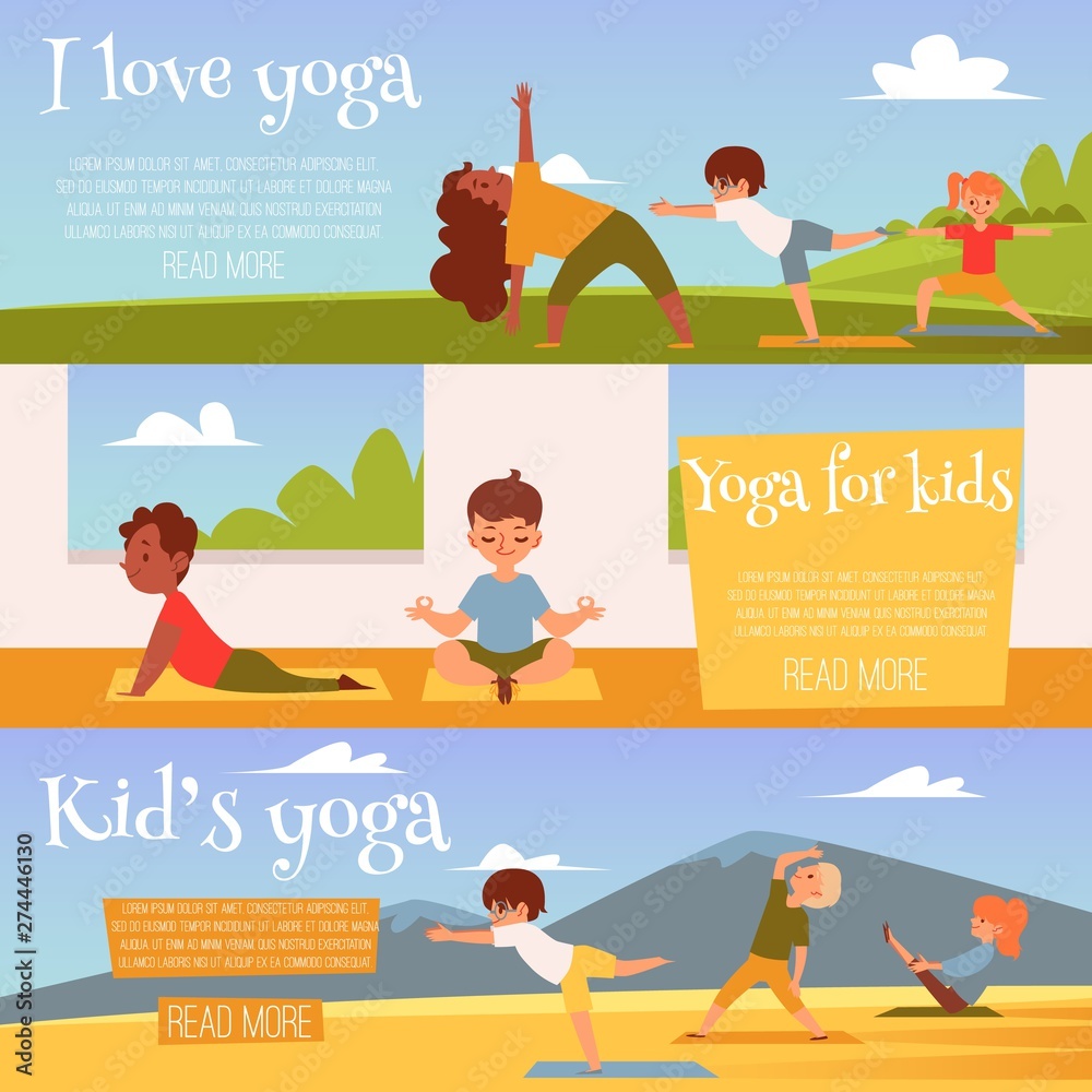 Banner set of kids doing yoga exercises outside in the park, in the gym ...