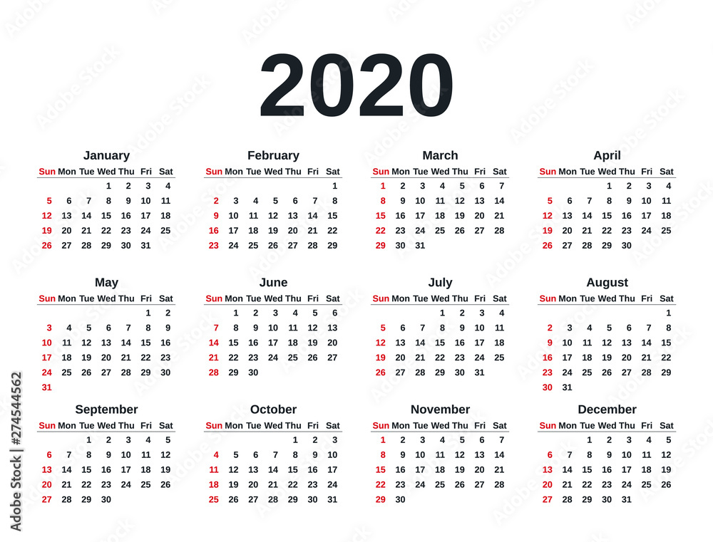 Calendar 2020 in simple style. Vector. Stationery 2020 year template in ...